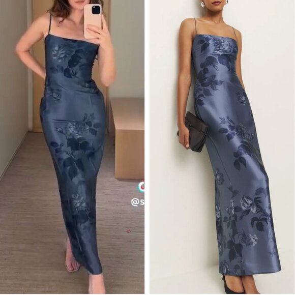 Reformation | Dresses | Classic Reformation Frankie Silk Maxi Dress Gown Trieste Border Blue ...